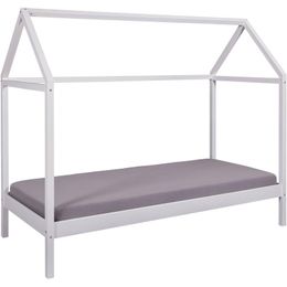 Inter Link Hausbett &raquo;Sun Road, Kinderbett, Holzbett f&uuml;r Kinderzimmer, Himmelbett&laquo; Spielbett aus Kiefer Massiv, ohne Lattenrost, 90 x 200 cm wei&szlig; Liegefl&auml;che 