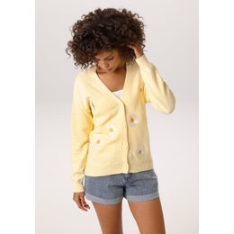 Aniston CASUAL Damen Strickjacke, gelb, Gr. 40, bestickt, gebl&uuml;mt, Feinstrick, Obermaterial: 100% Baumwolle, Strickjacken, mit aufgestickten