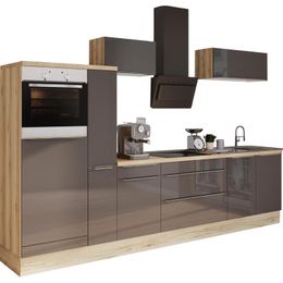 KOCHSTATION K&uuml;chenzeile &raquo;KS-Aken&laquo; Breite 330 cm, wahlweise mit E-Ger&auml;ten, mit Arbeitsplatte 38 mm stark grau B/H/T: 330cm x 180,4cm x 60cm, ohne E-