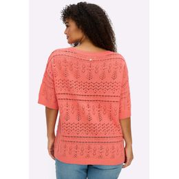 sheego Damen Ajourpullover "Kurzarm-Pullover"koralle, Gr. 48, gemustert, unifarben, 100% Baumwolle, Pullover
