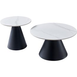 Hela Couchtisch &raquo;DUSTIN&laquo; Set, 2 Stk. tlg. 2er Set Couchtisch; rund; Sintered Stone; Gestell kegelf&ouml;rmig wei&szlig; B/H/T: 70cm x 46cm x 70cm