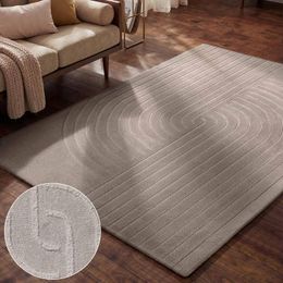 vikosa Wollteppich &raquo;Arcura&laquo; rechteckig 15 mm H&ouml;he Wolle Handgemacht, Hoch-Tief-Effekt, Geometrisches Linien Wellendesign beige Wolle B : 80cm 1 Stk., 