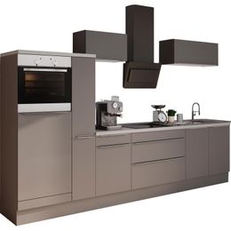 KOCHSTATION K&uuml;chenzeile &raquo;KS-Aken&laquo; Breite 330 cm, wahlweise mit E-Ger&auml;ten, mit Arbeitsplatte 38 mm stark grau B/H/T: 330cm x 180,4cm x 60cm, ohne E-