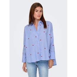 Only Damen Hemdbluse "ONLNEW LINA GRACE LS STRIPE EMB SHIRT", blau, Gr. XS, bestickt, gestreift, Web, Obermaterial: 85% Polyester, 15% Baumwolle,