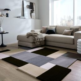 FLAIR RUGS Wollteppich &raquo;Abstract Collage, 100% Wolle&laquo; rechteckig 11 mm H&ouml;he Karo Design, Patchwork, modern, mehrfarbig, Wohnzimmer, Schlafzimmer braun