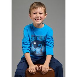 Scout Jungen Langarmshirt "Shirt mit coolem Dino-Print, modisches Melangegarn", blau, Gr. 104, bedruckt, Single Jersey, Obermaterial: 100% Baumwolle,