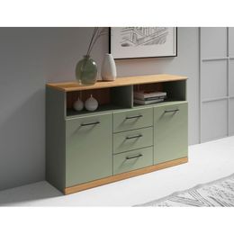 OTTO home Sideboard &raquo;Ribe,130cm breit,80cm hoch,T&uuml;ren und Schubladen,6 F&auml;cher&laquo; Oberplatte Eiche massiv,schwarze Metall Griffe gr&uuml;n B/H/T: 130cm x 80cm