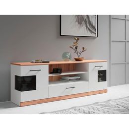 OTTO home Lowboard &raquo;Ribe,160cm breit,55cm hoch,Oberplatte massiv&laquo; Oberplatte Massivholz,schwarze Metall Griffe,2 T&uuml;ren mit Glaseinsatz wei&szlig; B/H/T: 