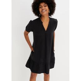 bonprix Damen bonprix Minikleid Seitennahttaschen aus Baumwoll-Musselin, Volant, kurze Puff&auml;rmel, bequeme A-Linie schwarz 36, N-Gr