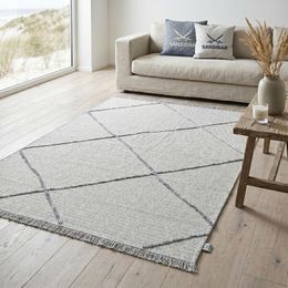 Sansibar Teppich &raquo;Braderup&laquo; rechteckig 2 mm H&ouml;he Flachgewebe, modernes Scandi Design, Motiv Rauten, mit Fransen beige Schurwolle B : 240cm 1 Stk., 2mm, L: 