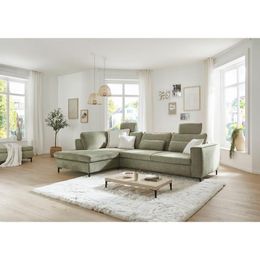 Die PlanBar Ecksofa &raquo;MP-IN24153, L-Form, Breite 289 cm&laquo; wahlweise mit Schlaffunktion und verstellbaren Kopfst&uuml;tzen gr&uuml;n 100% Polyester B/H/T: 289cm x 