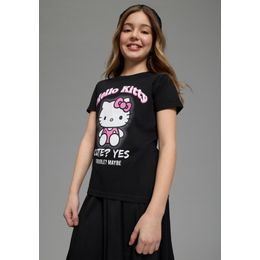 Kidsworld M&auml;dchen T-Shirt "HELLO KITTY T-Shirt: Cute?", schwarz, Gr. 128, bedruckt, Single Jersey, Obermaterial: 100% Baumwolle, Shirts, Kurzarm,