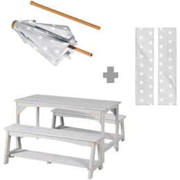 Roba Garten-Kindersitzgruppe &raquo;Outdoor+&laquo; Set, 3 Stk. tlg. Tisch und 2 B&auml;nke mit Sitzauflage, Schirmset grau Massivholz B/H/T: 107cm x 155cm x 106cm