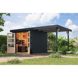 Karibu Gartenhaus &raquo;Jupiterino 3 SET, in verschiedenen Farben&laquo; inkl. Anbaudach schwarz Massivholz ohne Fu&szlig;boden, Blechdach