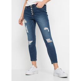 bonprix Damen Skinny-fit-Jeans, blau, Gr. 44, Obermaterial: 76% Baumwolle, 16% Polyester, 7% Viskose, 1% Elasthan, Jeans, mit sichtbarer Knopfleiste