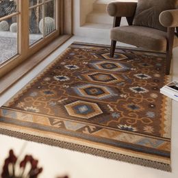 Wollteppich &raquo;Valere&laquo; rechteckig 5 mm H&ouml;he Fransen, Kelim, handgewebt, Natur, Wohnzimmer, Schlafzimmer, Ethno braun Wolle B : 140cm 1 Stk., 5mm, L: 