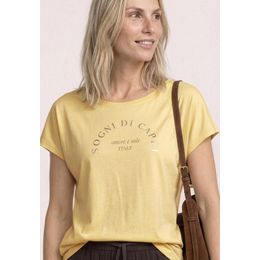 Street One Damen Shirttop, gelb, Gr. 42, Glitzermuster, bedruckt, Jersey, Obermaterial: 50% Baumwolle, 50% Modal, Tops, Sommershirt mit Wording