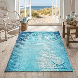 Sansibar Teppich &raquo;Keitum 011&laquo; rechteckig 3 mm H&ouml;he Flachgewebe, modernes Design, Motiv Kompass blau Polyester B : 80cm 1 Stk., 3mm, L: 150cm
