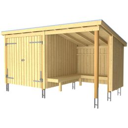 Plus Gartenhaus &raquo;Nordic&laquo; Grillh&uuml;tte 9,5 m&sup2; mit Doppelt&uuml;r, Dachpappe/Aluleisten/H-F&uuml;&szlig;e beige Holzwerkstoff Einheitsgr&ouml;&szlig;e