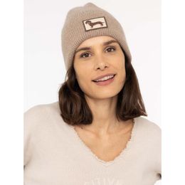 Zwillingsherz Damen Beanie &raquo;"Dog Patch"&laquo; mit s&uuml;&szlig;em Dackelmotiv und Wollanteil beige Einheitsgr&ouml;&szlig;e