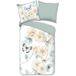 Descanso Wendebettw&auml;sche &raquo;Adiwanya&laquo; 2 Stk. Satin, Rei&szlig;verschluss, Paspel, Biese, Wendeoptik, Luxe, Blumen, wei&szlig; gr&uuml;n Renforc&eacute;, Obermaterial: 100% Baumwolle B/L