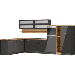 KOCHSTATION Winkelk&uuml;che &raquo;KS-Milan, optional mit Muldenl&uuml;fter&laquo; Stellbr.360/220 cm, wahlweise mit E-Ger&auml;ten, Kochfeld mit Dunstabzug grau B/H/T: 360cm x