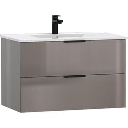 Welltime Waschtisch &raquo;Athen Badschrank Badezimmer WC Unterschrank mit Becken&laquo; Set, Waschplatz mit 2 Schubladen, Breite 80cm Softclose Bad grau eckig, B