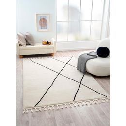 MyFlair Hochflor-Teppich &raquo;Moroccan Signature&laquo; rechteckig 24 mm H&ouml;he modern, marokkanisches Design, Rauten Muster, weich, mit Fransen schwarz-wei&szlig; Polyester, 