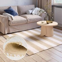 MyFlair Teppich &raquo;Karim&laquo; rechteckig 10 mm H&ouml;he Handweb Teppich, gestreift, 90% Baumwolle, handgewebt, mit Fransen beige Baumwolle, Polyester B : 140cm 1 Stk., 