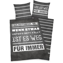 Herding's Young Collection Jugendbettw&auml;sche &raquo;Faulheit&laquo; 2 Stk. Spr&uuml;che- und Streifendesign grau Renforc&eacute;, Obermaterial: 100% Baumwolle B/L: 135cm x 200cm, 1 Stk., 1 Stk., 