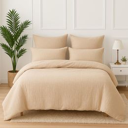 Bettw&auml;sche &raquo; Premium Musselin mit Rei&szlig;verschluss&laquo; 4 tlg. aus 100% Baumwolle &ndash; Atmungsaktiv & Weich &ndash; inkl. Kissenbezug 80x80 beige Musselin, 