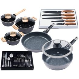 King Pfannen-Set &raquo;Moonscape&laquo; Aluminiumguss Set, 11 Stk. tlg. Induktion, (T&ouml;pfe+Glasdeckel, Pfannen+Deckel,Messer,Besteckset) grau Einheitsgr&ouml;&szlig;e