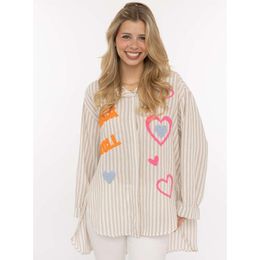 Zwillingsherz Damen Hemdbluse &raquo;"Rock n' Roll Patches"&laquo; gestreift, l&auml;nger geschnitten, auffallende Teddy-Patches, Knopfleiste Einheitsgr&ouml;&szlig;e