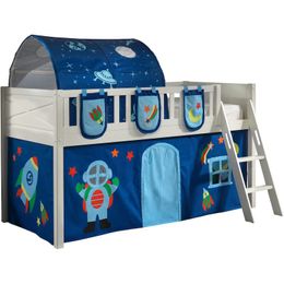 Vipack Hochbett &raquo;Scott&laquo; Made in Europe, mit Leiter, LF 90x200 cm, Vorhang, Tasche, Tunnel, 4 Designs wei&szlig; 100% Baumwolle Bettmit Leiter, Liegefl&auml;che B/L: 