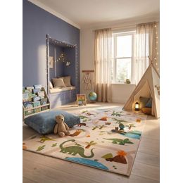 KADIMA DESIGN Kinderteppich Dinosaurier-Landschaft Waschbar TINO OEKO-TEX in Beige | Gr.: 200 cm rund