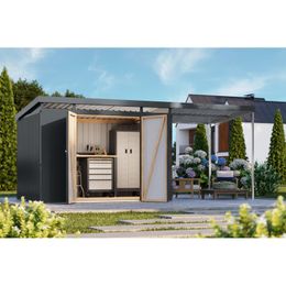 Karibu Ger&auml;tehaus &raquo;Argonium 3 SET mit Anbaudach&laquo; Made in Germany schwarz Metall Einheitsgr&ouml;&szlig;e