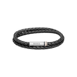 BOSS Herren BOSS Armband &raquo;Schmuck Edelstahl Lederarmband Wickelarmband ARES&laquo; grau M, Edelstahl Leder