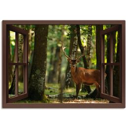 Artland Leinwandbild &raquo;Fensterblick - Hirsch 4 - Wald&laquo; Fensterblick 1 Stk. tlg. auf Holzrahmen gespannt braun Leinwand B/H/T: 100cm x 70cm, Leinwandbild 