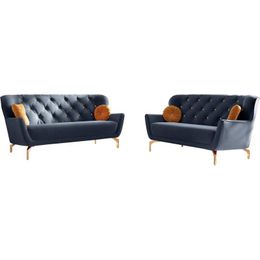 Sit & More sit&more Polstergarnitur &raquo;Orient 3&laquo; 2 Stk. tlg. inkl. 4 Zierkissen mit Strass-Stein, goldfarbene Metallf&uuml;&szlig;e blau 100% Polyester Samtoptik, 3-Sitzer + 