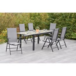 Merxx Garten-Essgruppe &raquo;&raquo;Amalfi&laquo;&laquo; Set, 5-fach verstellbare R&uuml;ckenlehne, 7 Stk. tlg. Ausziehtisch: LxB: 200-300 x 110 cm grau Aluminium, Polyester 