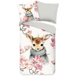 Good Morning Kinderbettw&auml;sche &raquo;Leone&laquo; 2 Stk. Baumwolle, 135x200, Wendeoptik, Kind, M&auml;dchen, Hirsch, Winter, Wei&szlig; bunt Renforc&eacute;, Obermaterial: 100% 