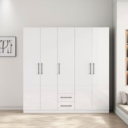 OTTO home Kleiderschrank &raquo;Sylt Schlafzimmerschrank Garderobe Schrank in hochglanz wei&szlig;&laquo; 5 T&uuml;ren, 2 Schubladen, schwarze moderne Griffe, 7 Einlegeb&ouml;den