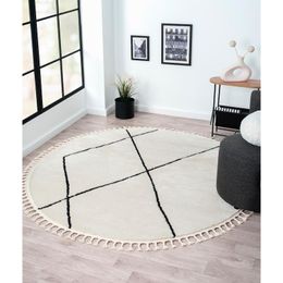 MyFlair Hochflor-Teppich &raquo;Moroccan Signature&laquo; rund 24 mm H&ouml;he modern, marokkanisches Design, Rauten Muster, weich, mit Fransen schwarz-wei&szlig; Polyester, 