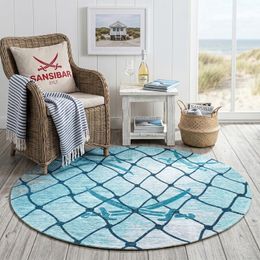 Sansibar Teppich &raquo;Keitum 005&laquo; rund 3 mm H&ouml;he Flachgewebe, modernes Design, Motiv Fischernetz & gekreuzte S&auml;bel blau Polyester &Oslash; 100cm 1 Stk., 3mm, &Oslash; 100cm