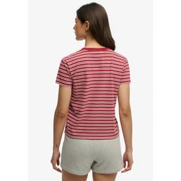 Superdry Damen T-Shirt "ESSENTIAL LOGO STR FITTED TEE"bordeaux rot stripe, Gr. XL, gestreift, Single Jersey, Obermaterial: 100% Baumwolle, Shirts,