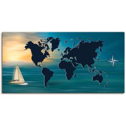 Artland Leinwandbild &raquo;Weltumsegelung mit Weltkarte&laquo; 1 Stk. tlg. auf Holzrahmen gespannt blau Leinwand B/H/T: 150cm x 75cm, Leinwandbild Querformat, 1 Stk.