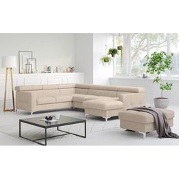 COTTA Wohnlandschaft &raquo;Sammy U-Form, B: 304 cm&laquo; Kopfteilverstellung, optional Schlaffunktion & Bettkasten beige NaturLEDER , die R&uuml;ckseite ist mit 