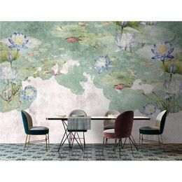 Livingwalls living walls Vliestapete &raquo;Seerosen-Tapete Vintage-Optik Gr&uuml;n Blau&laquo; matt glatt Vlies B/L: 2,7m x 4m, Rollen: 1