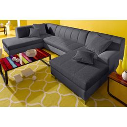 DOMO collection Wohnlandschaft &raquo;TURAH 297x195x75 cm, moderne Steppung&laquo; whlw. mit Bettfunktion, U-Form schwarz Microfaser PRIMABELLE (100% Polyester);