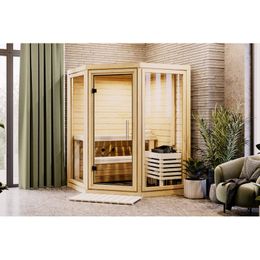 Karibu Sauna &raquo;"Yumi" naturbelassen&laquo; aus hochwertiger nordischer Fichte Bio-Kombiofen, externe Steuerung, 400 kW